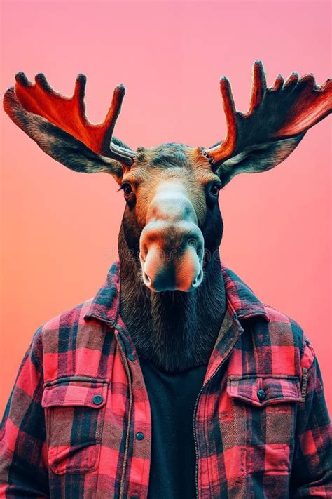 A Man Wearing A Red And Black Plaid Shirt With A Moose Head On His Head