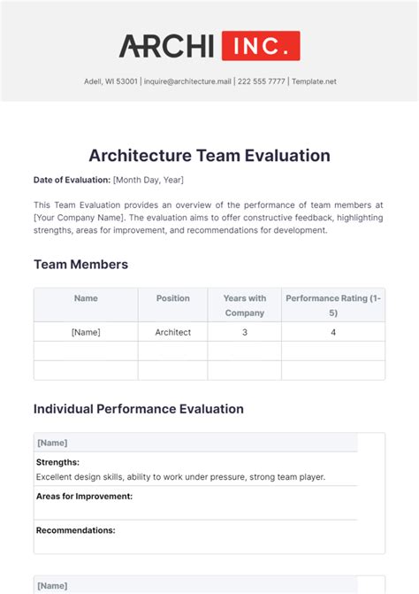 Free Architecture Team Evaluation Template To Edit Online