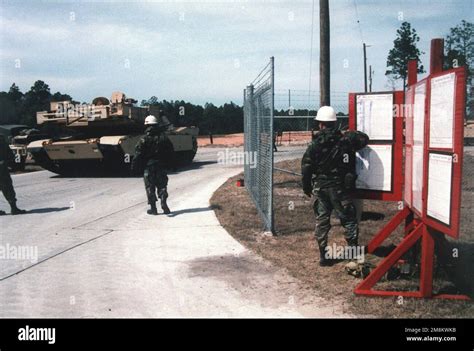 An M 1 Abrams Tank Moves Through The Gate At The Rail Marshaling Area During Sedre Subject