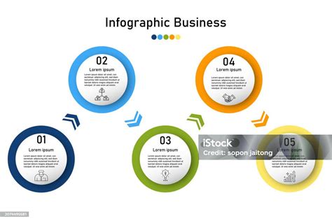 비즈니스 정보 프레젠테이션을 위한 인포그래픽 템플릿입니다 벡터 Circle 및 Icon 요소 최신 워크플로우 다이어그램 보고서 계획 5 주제 개념에 대한 스톡 벡터 아트 및