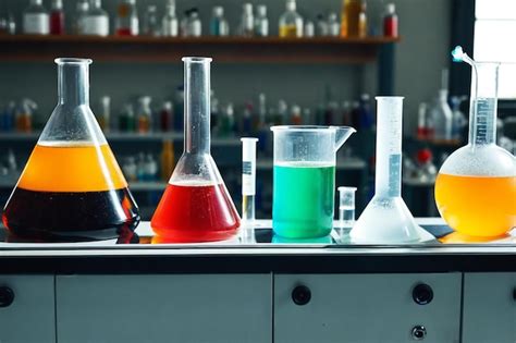 Laboratory Flasks With Colored Liquids Premium Ai Generated Image