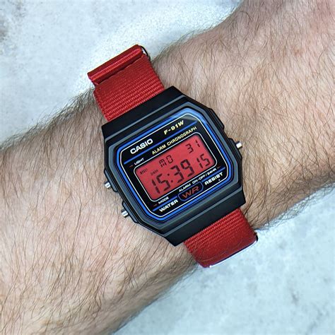 Casio Watch With Red Screen Mod And A Red Ballistic Nylon Strap F 91w The Flame Etsy Uk