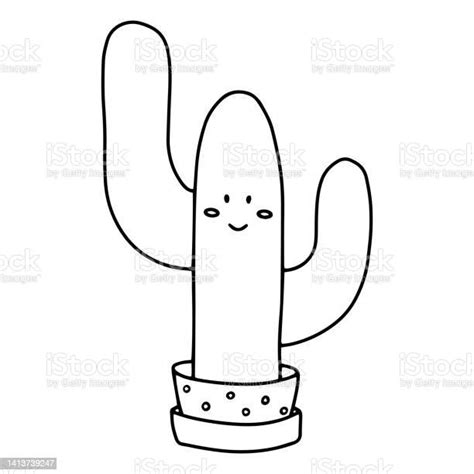 낙서 스타일의 귀여운 선인장 카와이 감정이있는 선인장 스파이크와 바늘로 행복한 미소 선인장의 벡터 일러스트레이션 꽃 냄비에있는 식물 아이콘 귀여운에 대한 스톡 벡터 아트 및