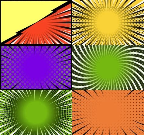 하프톤 광선 방사형 및 점선 효과 팝 아트 스타일이 포함된 만화책 다채로운 프레임 배경 프리미엄 벡터