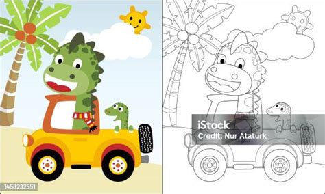 여름 해변 휴가에서 트럭에 공룡 만화의 색칠 공부 책 교통수단에 대한 스톡 벡터 아트 및 기타 이미지 교통수단 컬러링 북 페이지 일러스트레이션 기법 공룡 Istock