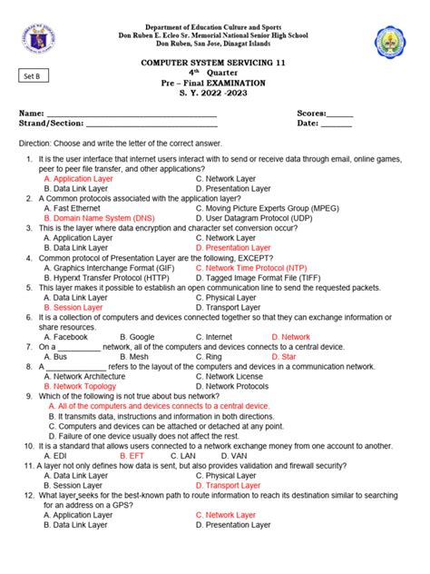 4th Grading Period Set B W Answers Pdf Computer Network Osi Model