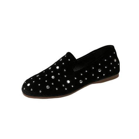 Black Womens Loafers With Rhinestone Details Soft Sole Casual
