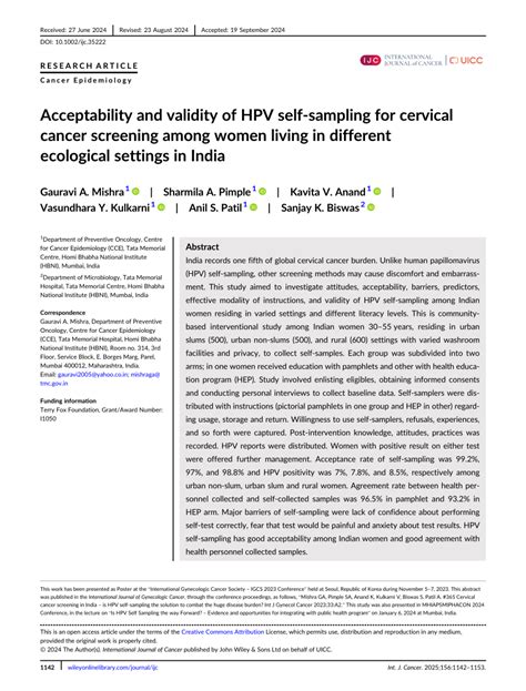 Pdf Acceptability And Validity Of Hpv Self‐sampling For Cervical