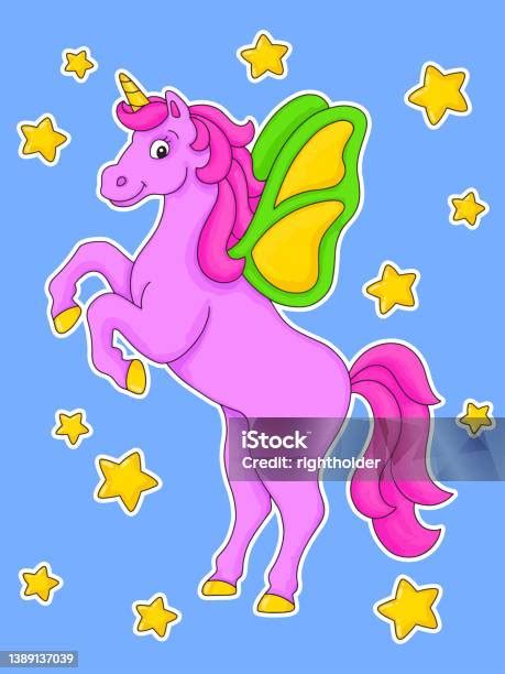 날개가 자라있는 귀여운 유니콘 만화 캐릭터 다채로운 벡터 일러스트레이션 파란색 배경에 격리됩니다 디자인 요소입니다 디자인 책 스티커 카드에 대한 템플릿 꼬리에 대한 스톡