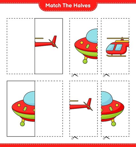 헬리콥터 및 Ufo 교육용 어린이 게임 인쇄용 워크시트의 절반 일치 프리미엄 벡터
