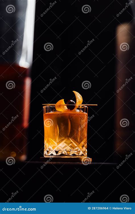 Boozy Old Fashioned Cocktail Classic Bourbon Whiskey Garnish With Orange Peel And A Cherry Stock