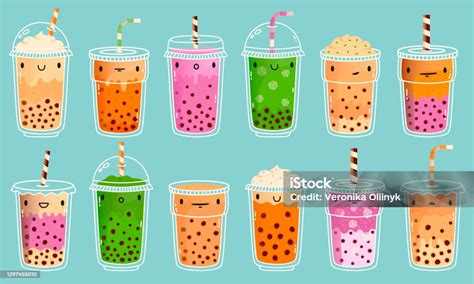 버블 티 마스코트 귀여운 거품 우유 차 말차 우유와 타피오카 진주와 녹차 보바 차 귀여운 만화 캐릭터 벡터 일러스트 레이션 세트 버블티에 대한 스톡 벡터 아트 및 기타