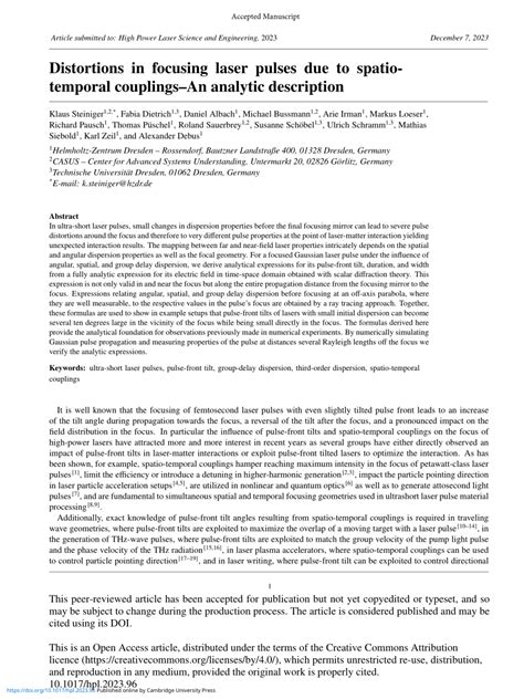 Pdf Distortions In Focusing Laser Pulses Due To Spatio Temporal Couplings An Analytic Description