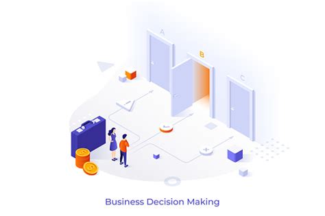 남자와 여자가 들어갈 문 동전 서류 가방을 선택하는 개념적 템플릿입니다 비즈니스 의사 결정 시장 진입 전략 선택을위한 장면 웹 사이트에 대 한 아이소 메트릭 벡터 그림 3