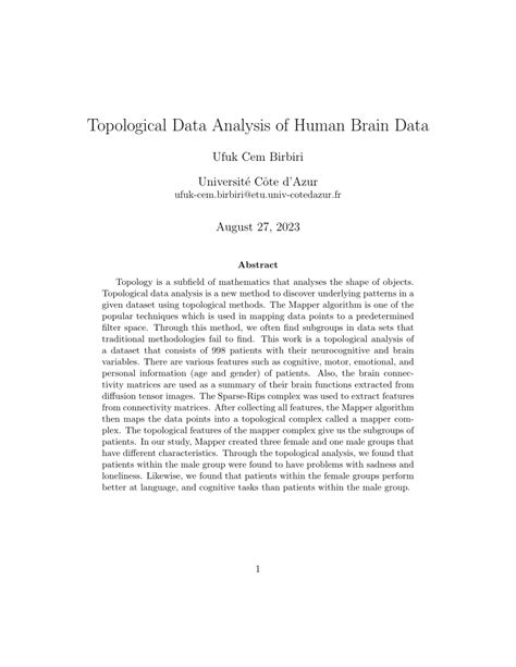 Pdf Topological Data Analysis Of Human Brain Data