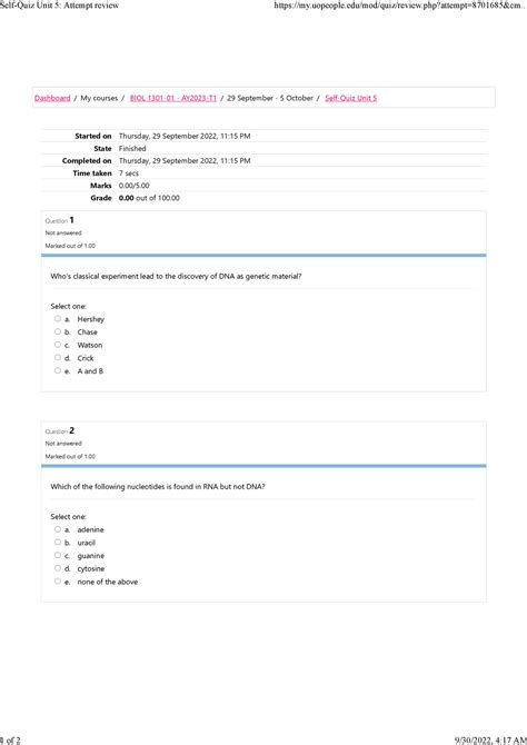 Self Quiz Unit 4 Intro To Biology Started On Thursday 29 September 2022 11 15 Pm State