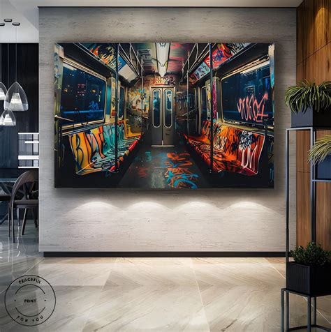 Graffiti Art On A Subway Train Framed Canvas Print Urban Decay Nyc