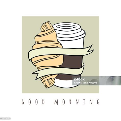 크로와 리본이 커피입니다 테이크 테이크 아웃 패스트 푸드 길거리 음식 개념입니다 손으로 그린된 벡터 일러스트 레이 션입니다 0명에 대한 스톡 벡터 아트 및 기타 이미지