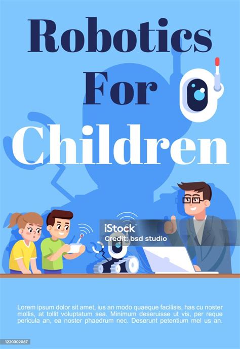 어린이 용 로봇 브로셔 템플릿입니다 전단지 소책자 평면 일러스트와 전단지 개념 잡지에 대한 벡터 페이지 만화 레이아웃입니다 텍스트 공간이 있는 프로그래밍 로봇 클럽 광고