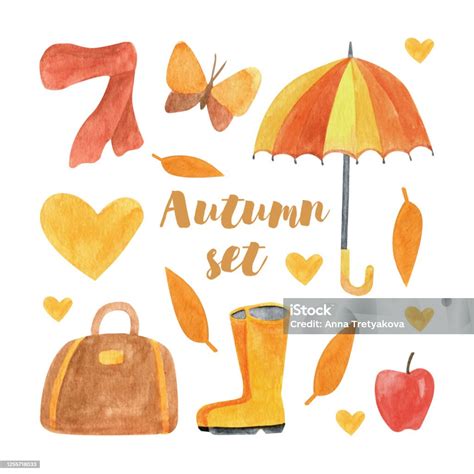 우산 스카프 나비 하트 가방 사과 부츠 잎세트 귀여운 가을 수채화 세트 인쇄 장식을위한 계절 디자인 격리 및 고해상도 0명에 대한 스톡 벡터 아트 및 기타 이미지 Istock