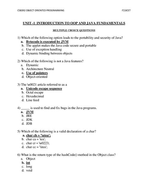 Cs8392 Mcq Mcq Unit 1 Introduction To Oop And Java Fundamentals