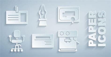 명함 인증서 템플릿 사무실 의자 커피 머신 만년필 펜촉 및 식별 배지 아이콘을 설정합니다 벡터 3차원 형태에 대한 스톡 벡터