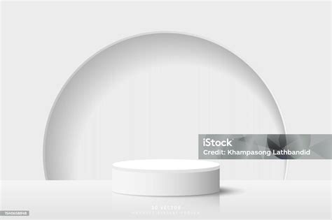 흰색 회색 3d 실린더 연단 받침대는 반원 문 배경 앞에 현실적으로 배치됩니다 모형 또는 제품 프레젠테이션 쇼케이스를 위한 최소한의 장면 3d 벡터 기하학적 형태 디자인 0