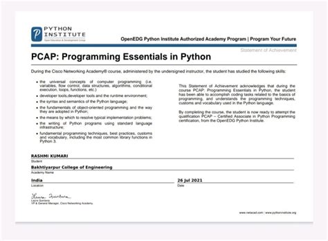𝐑𝐀𝐒𝐇𝐌𝐈 𝐊𝐔𝐌𝐀𝐑𝐈 On Linkedin Pcap Programming Essential In Python Certificate