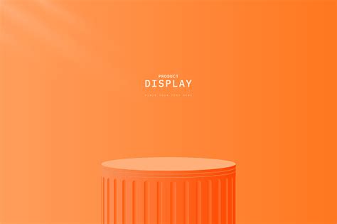 현대적인 3d 주황색 실린더 연단 받침대는 빛이 있는 깨끗한 스튜디오 룸에서 사실적입니다 최소한의 벽 장면 쇼 화장품 또는 제품