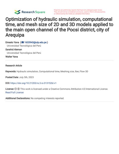 Pdf Optimization Of Hydraulic Simulation Computational Time And Mesh Size Of 2d And 3d