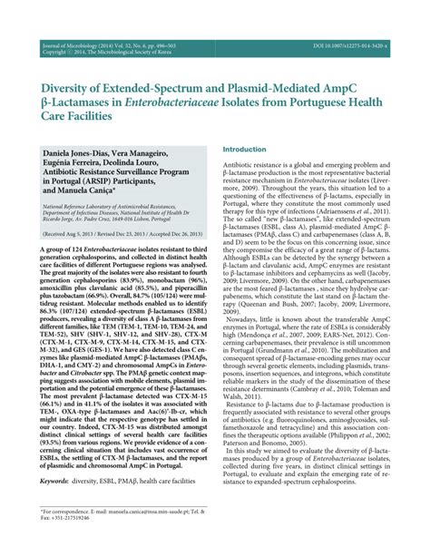 Pdf Diversity Of Extended Spectrum And Plasmid Mediated Ampc β Lactamases In