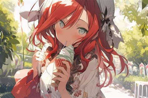 Premium Ai Image Cute Redhead Anime Girl Eating An Ice Cream In A