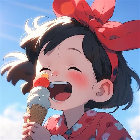 Premium Photo Anime Girl Eating Ice Cream Cone With Red Bow On Head