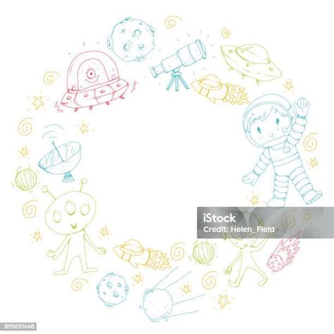 달 표면입니다 유치원 어린이 놀이 공간 탐사 Ufo 외계인의 우주선 로켓입니다 어린이 소년과 소녀와 달 화성 토성 목성 2 3 살에 대한 스톡 벡터 아트 및 기타 이미지