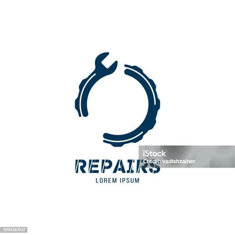 렌치와 바퀴가있는 자동차 수리 점용 로고 설치 및 유지 보수 플랫 벡터 일러스트 레이션 Eps 10 건설 기계류에 대한 스톡