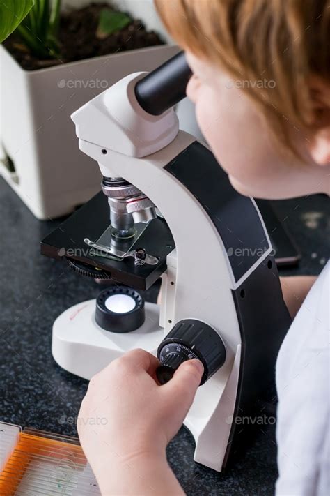 A Teenager Studying Carefully Glasses With Laboratory Materials Under A Microscope Stock Photo