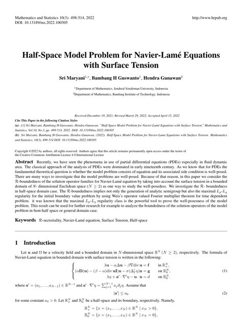 Pdf Half Space Model Problem For Navier Lamé Equations With Surface Tension