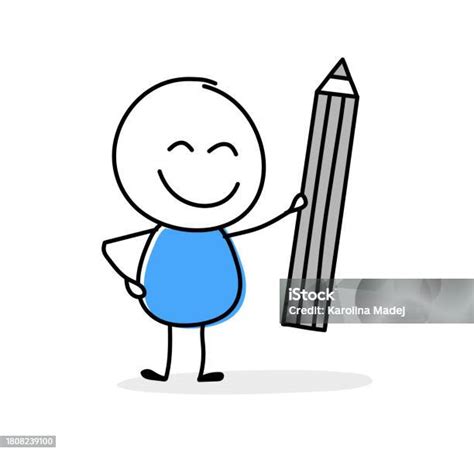 연필 아이콘을 들고 있는 재미있는 만화 스틱맨 비즈니스 프리젠 테이션을위한 손으로 그린 디자인 벡터 그림 유머에 대한 스톡 벡터