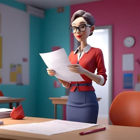 A Clayrendered 3d Character Design Of A Fashionable Woman Teacher Checking Papers Premium Ai