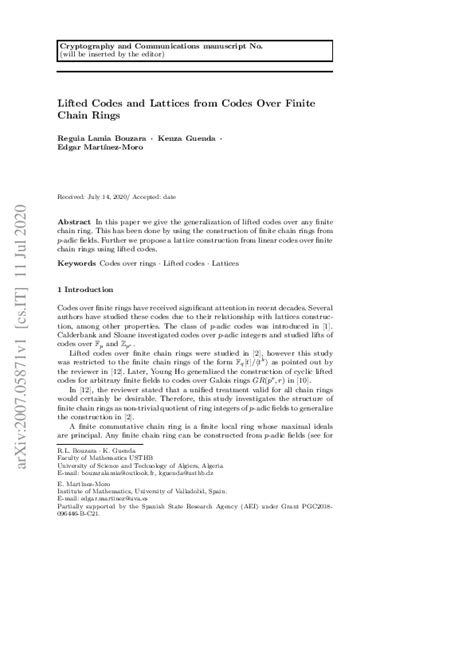 Pdf Lifted Codes And Lattices From Codes Over Finite Chain Rings