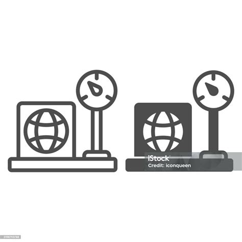 카운터와 박스 라인이 있는 무게 저울과 솔리드 아이콘 배송 개념 벡터 그래픽 저울에 상자는 흰색 배경에 기호 모바일 또는 웹 디자인을위한 윤곽선 스타일 아이콘입니다 검은색에