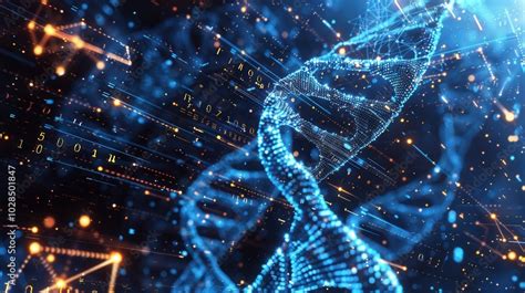 This Artwork Features A Three Dimensional Dna Strand Overlaid With Flowing Data Streams And