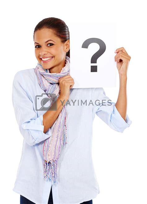 Woman With Question Mark Poster Portrait And Question With Branding Or Advertising Isolated On