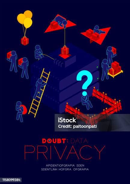 Doubt Data Privacy Problem Concept Man Pictogram Question Mark Head Sitting Isometric Storage