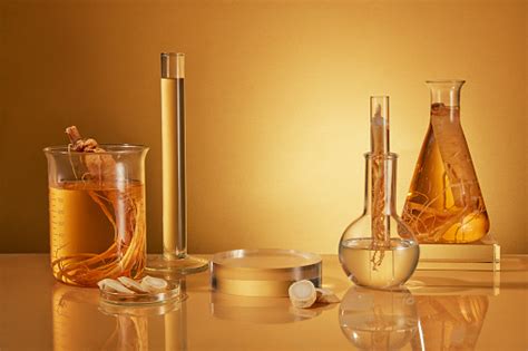 실험실에서 인삼을 주제로 한 템플릿 사진은 노란색 배경 유리 연단 인삼 추출물과 생 인삼이 들어있는 실험실 장비가 테이블 위에 깔끔하게 배열되어 있습니다 0명에 대한 스톡