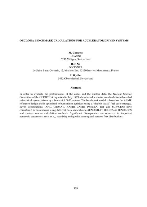Pdf Oecd Nea Benchmark Calculations For Accelerator Driven Systems