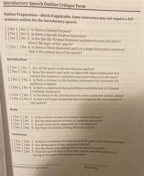 Introductory Speech Outline Critique Form Outline