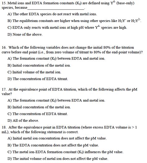Solved 15 Metal Ions And Edta Formation Constants Kf Are