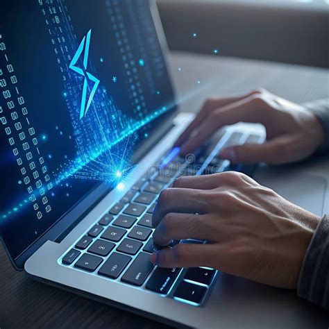 Hands Typing On Laptop With Glowing Blue Code Digital Innovation And