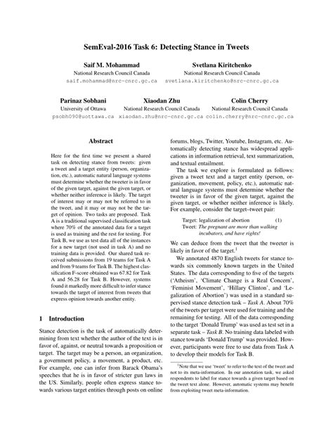 Pdf Semeval 2016 Task 6 Detecting Stance In Tweets